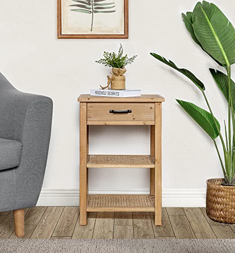 Brown Natural Solid Wood End Table with Drawer, Industrial Nightstand Sofa Side Table with 2 Tier Rattan Shelf, Fit for Bedroom, Living Room