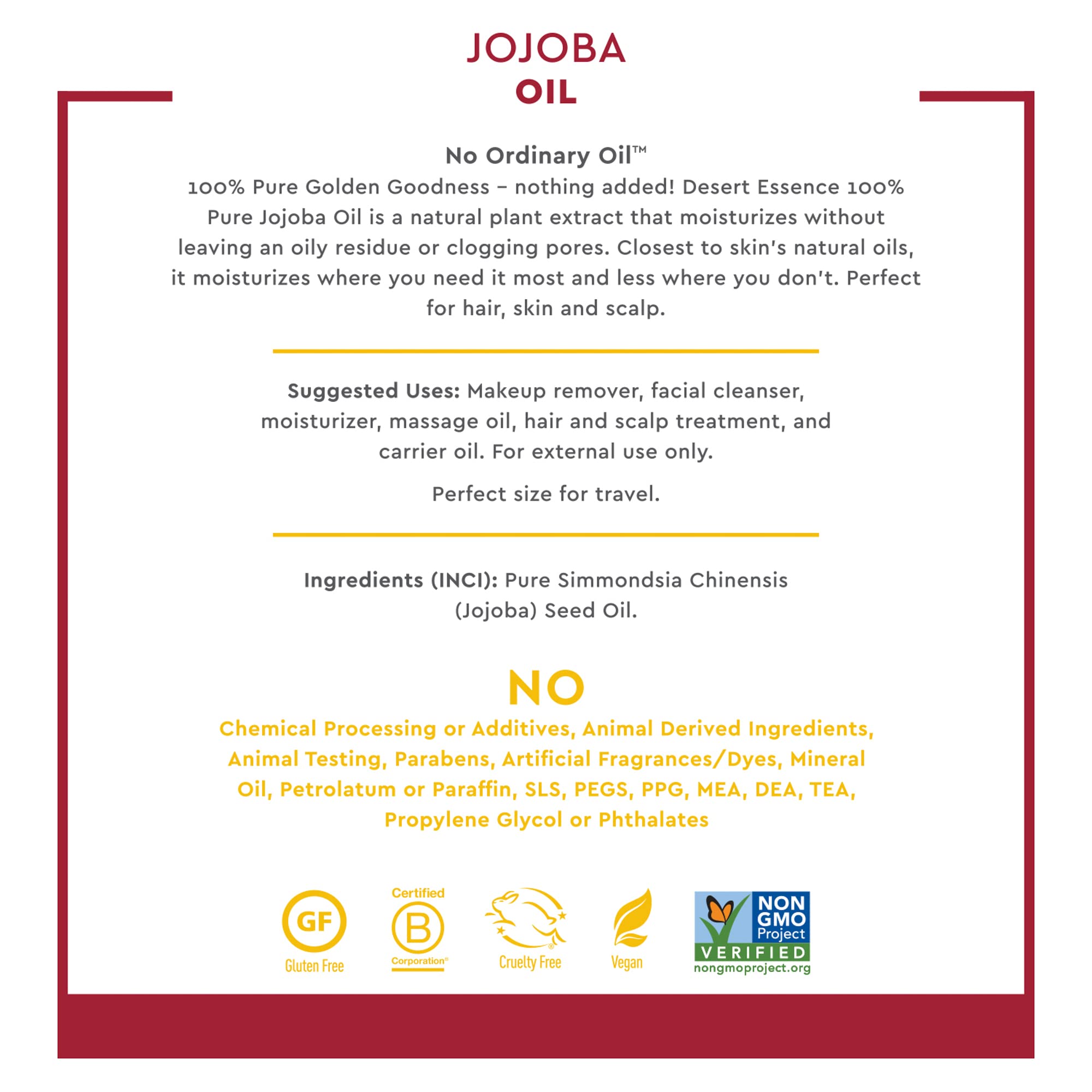 Desert Essence 100% Pure Jojoba Oil 2 fl oz - Organic Face Moisturizer, Hair & Scalp Oil - Non-GMO, Vegan, Gluten-Free - Cold-Pressed Jojoba – Safe for Sensitive Skin, Hydration & Balance