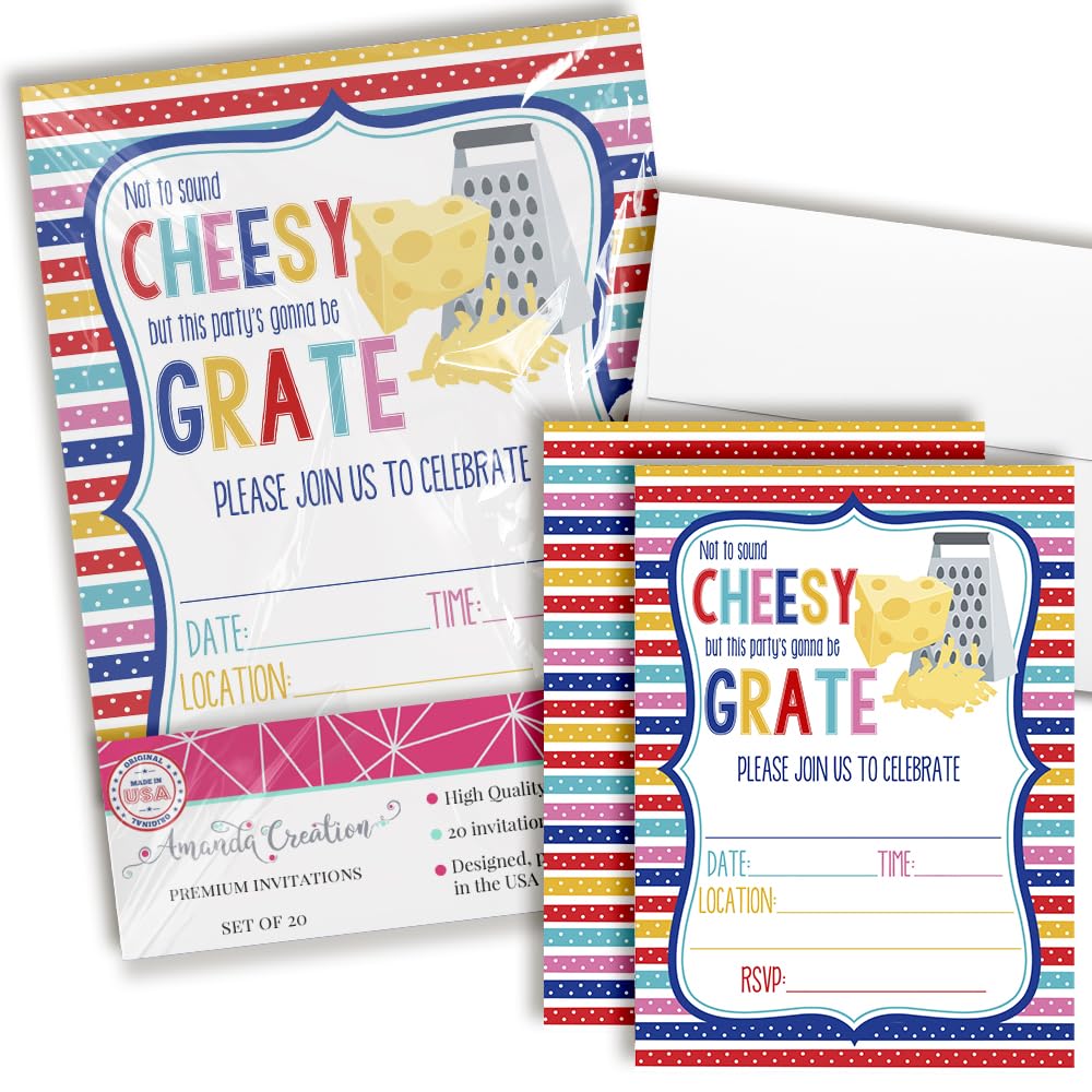 Cute & Silly Shredded Cheese Themed Birthday Party Invitations for Kids, 20 5x7 Fill In Cards with Twenty White Envelopes by AmandaCreationā¦