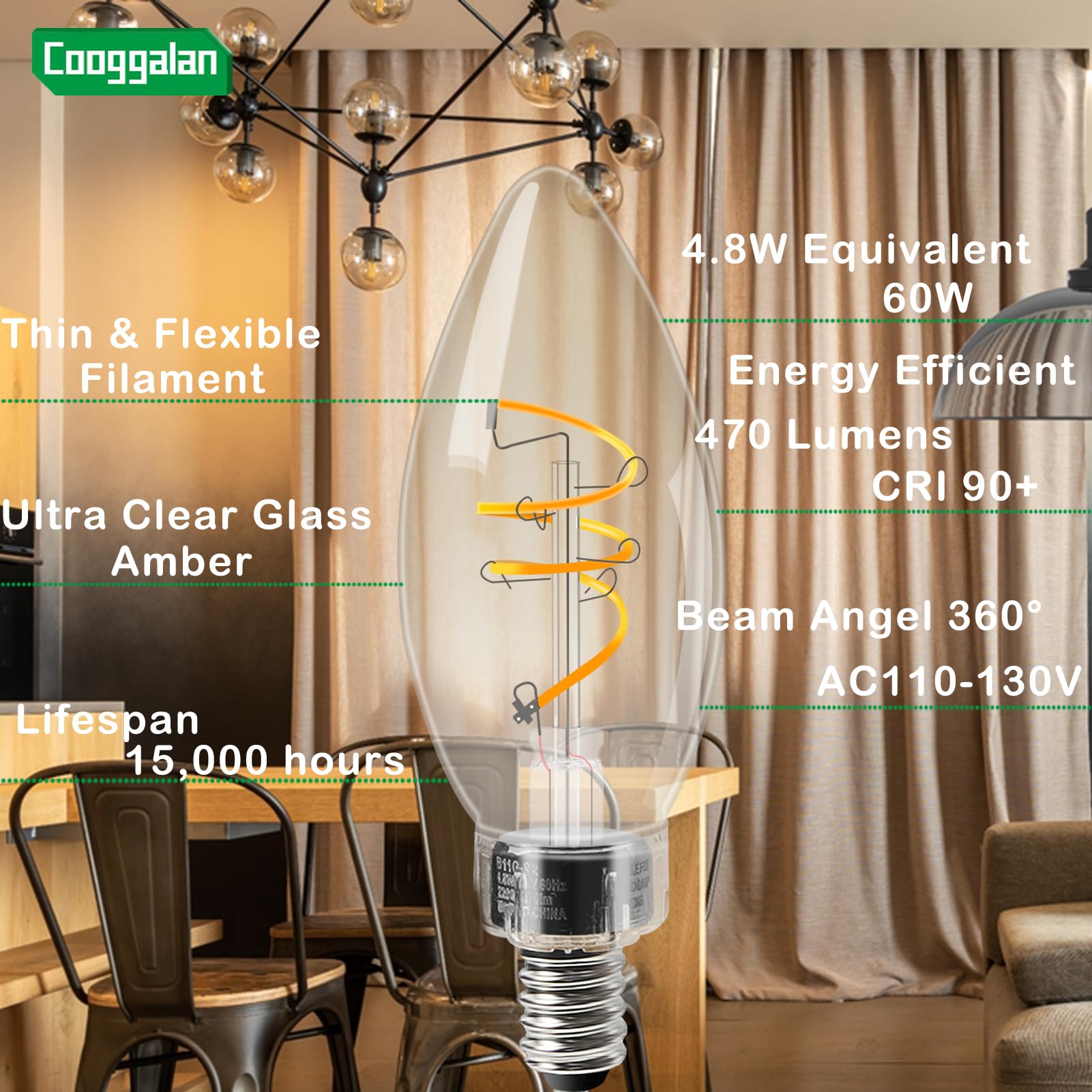 COOGGALAN Dimmable 60 Watt Chandelier Light Bulb, Amber Candelabra LED Light Bulbs B11 E12, Vintage Spiral Filament Bulb, 4.8W Warm White 2200K, CRI 90, 6 Pack