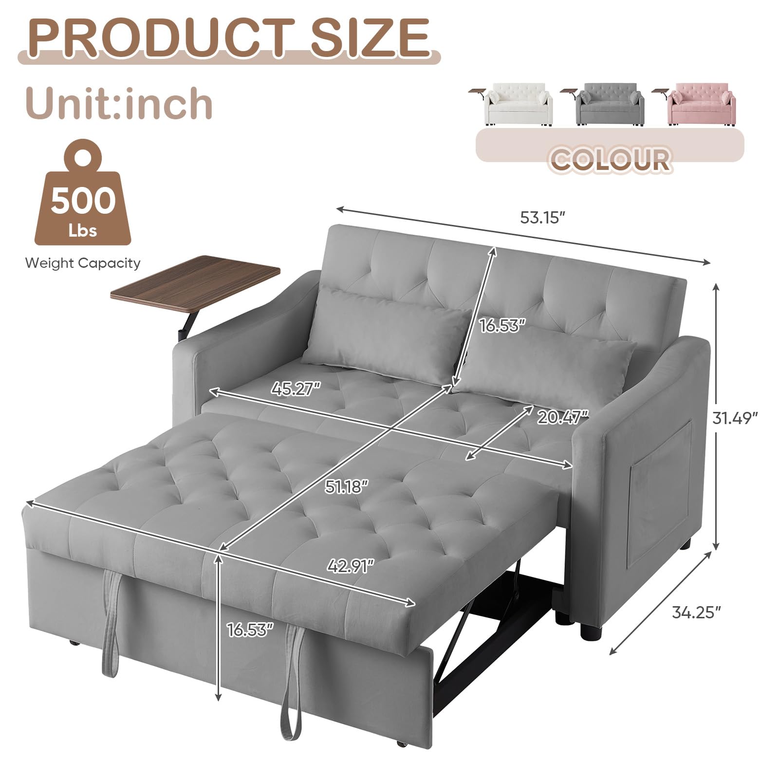 Antetek 3 in 1 Convertible Sofa Bed w/360° Rotating Side Table, 53" Modern Velvet Loveseat Sofa, Sleeper Pullout Bed w/Adjustable Backrest for Living Room Apartment, Office, Small Space, Grey