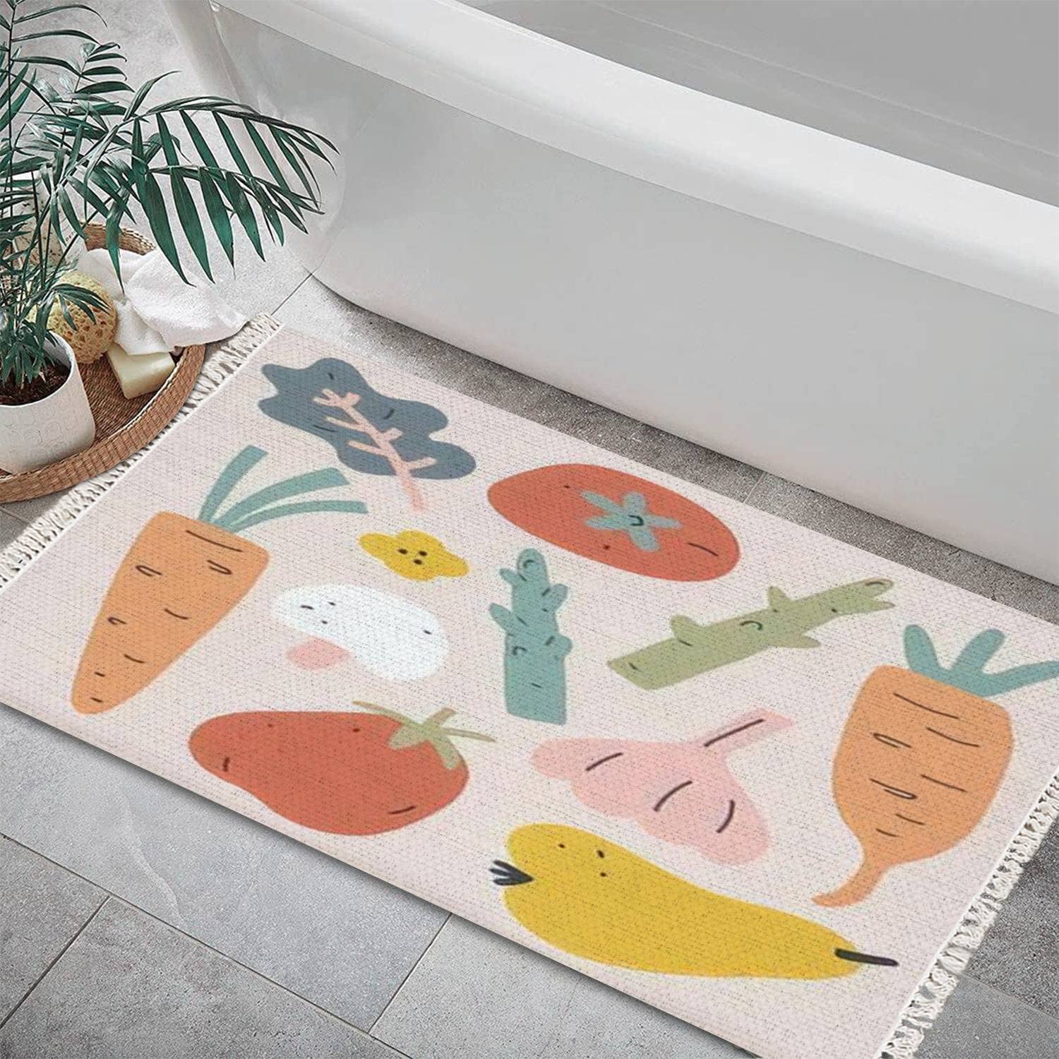 Boho Area Rug Vegetables Collection Set Illustrations Veggies Fruit Trendy Earthy Play Mat Runner Carpet Minimalist Room Decor Indoor Outdoor Woven Rug Entryway Laundry Room Bedroom Rug 3x5'