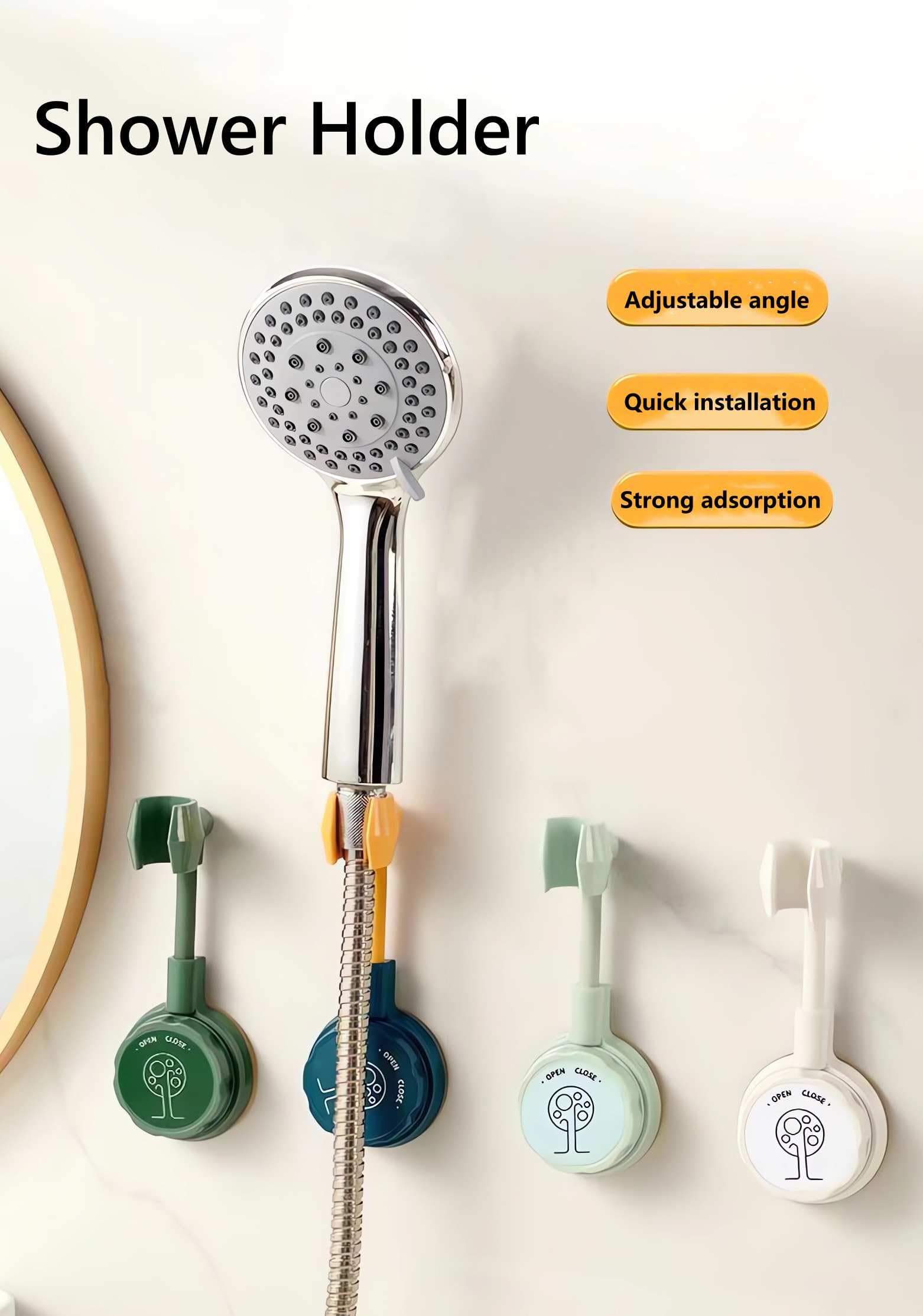 Adjustable Suction Cup Shower Head, Wall Mount Holder for Handheld Wand, Removable Handheld Showerhead