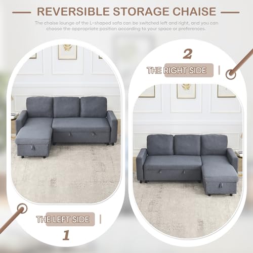 Antetek Reversible Sectional Sofa Couch with Pull-Out Bed, Modern Linen L-Shaped Sleeper Sofa Bed with Storage Chaise, Furniture Set for Living Room, Small Space, Office, Dark Grey