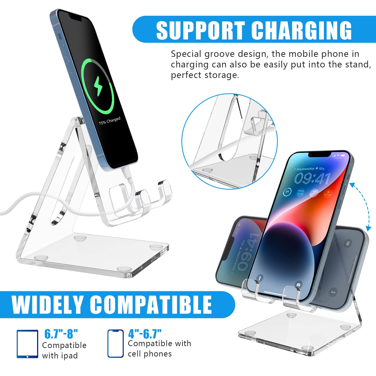 Acrylic Cell Phone Stand for Desk, Phone Holder for Office, Portable Phone Holder, Compatible with iPhone15 14 13 12 11 Pro XS Max XR 8 7 6S Plus, Samsung S20+ Note10, Tablets(1Pack)