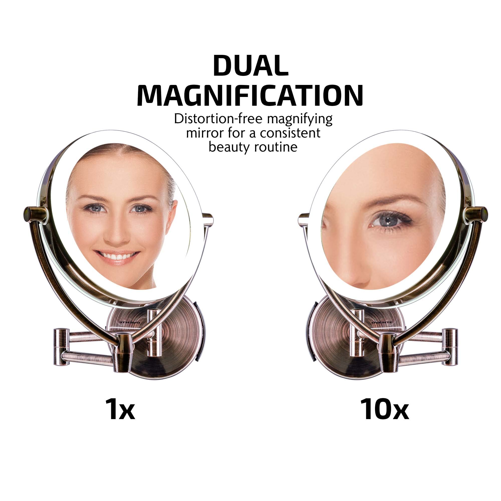 Ovente 7.5" Lighted Wall Mount Makeup Mirror, 1X & 10X Magnifier, Spinning Double Sided Round LED w/ Dimmer Switch, Extend, Retractable & Folding Arm, Battery USB Powered Antique Brass MLW75AB1X10X