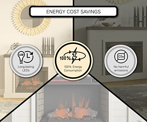 Bridgevine Home Electric Fireplace Mantel with Accent Wood Shelf and Surround, Realistic Logs and Flame Effect, Fireplace TV Stand, Adjustable LED Electric Heater with Remote Control, 48 Inch, White