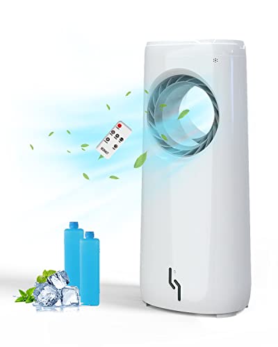 Evaporative Air Cooler Portable 3 Modes, Cooling Fan Humidification with Remote Control Bladeless Tower Fan 3 Wind Speeds, 60° Oscillation, 7.5H Timer, for Bedroom Living Rooms Office