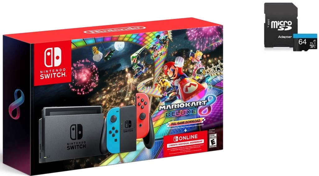 Nintendo Switch with Neon Blue and Neon Red Joy-Con, Mario Kart 8 Deluxe (Full Game Download), 3 Month Nintendo Switch Online Individual Membership, KKE 64GB MicroSD Card Holiday Bundle (Renewed)