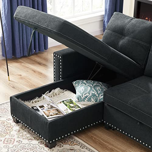Evedy Upholstery Sleeper Sectional Sofa with Storage Chaise-Pull Out Couch Bed Reversible SofaBed for Living Room Furniture Set, Silver Rivets on Both Hands, a-Black
