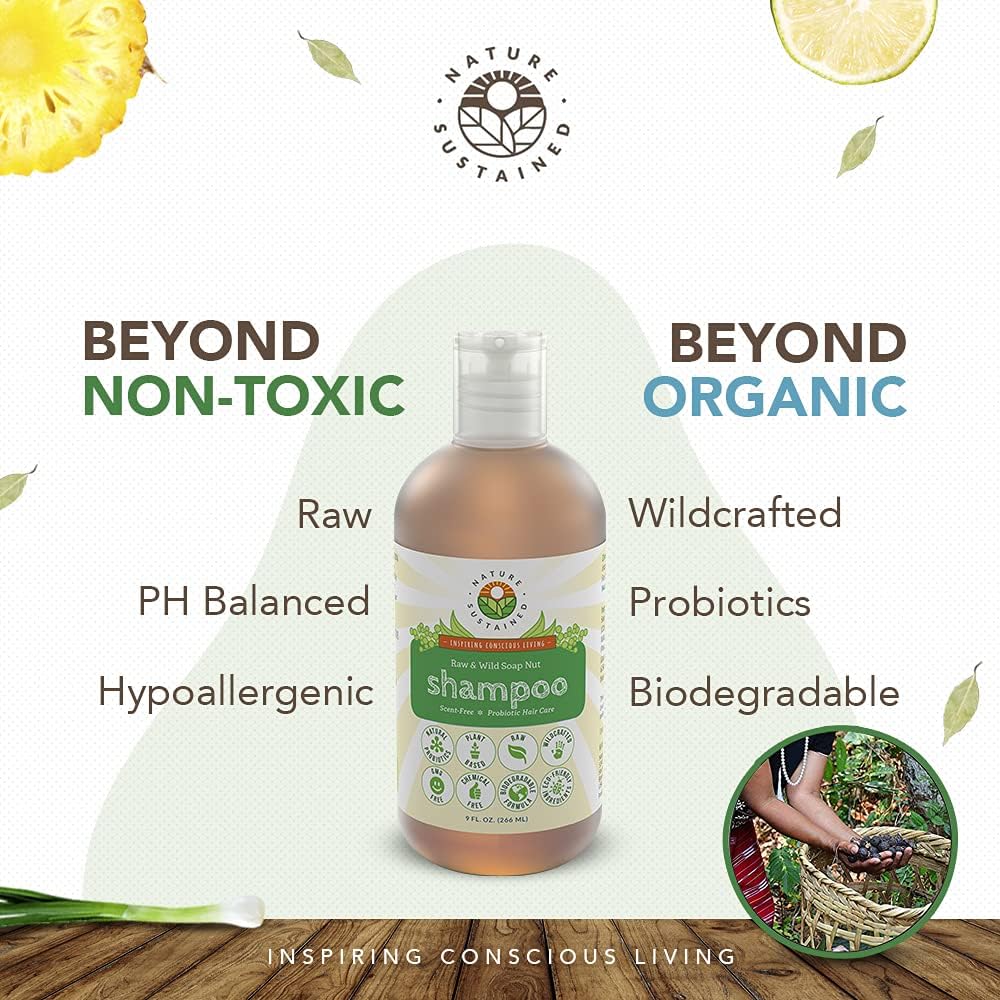 Nature Sustained Natural Shampoo - Organic, Raw & Wildcrafted with Probiotics, Hypoallergenic Natural & Sulfate Free Shampoo for Sensitive Scalp, Dry Hair, Dandruff, Eczema & Psoriasis, 9oz, Original