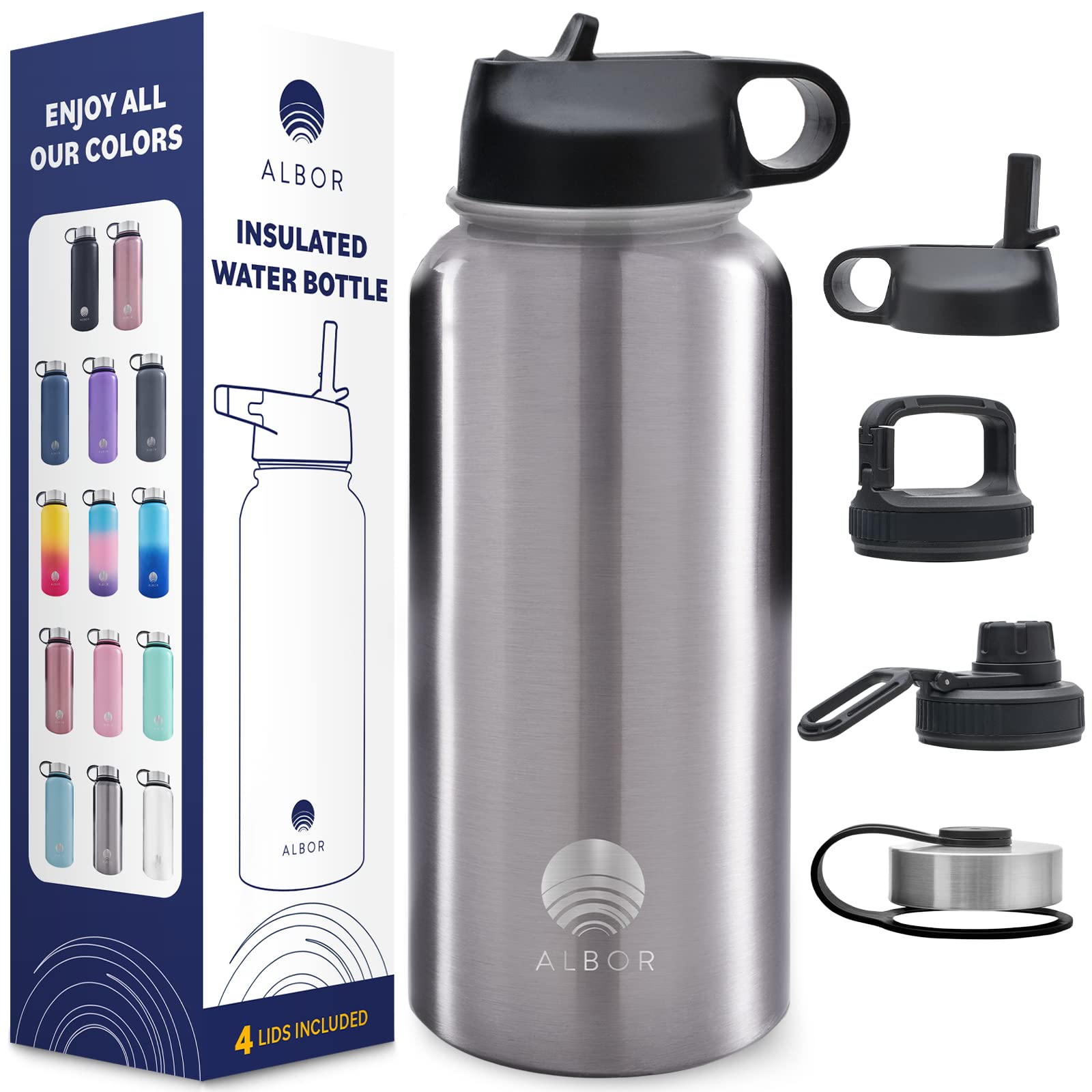 Albor 32 oz Insulated Water Bottle With Chug Lid and Straw, Plus Carry Lid for Travel, Leak Proof Stainless Steel Water Bottle for Gym and Travel (Steel)