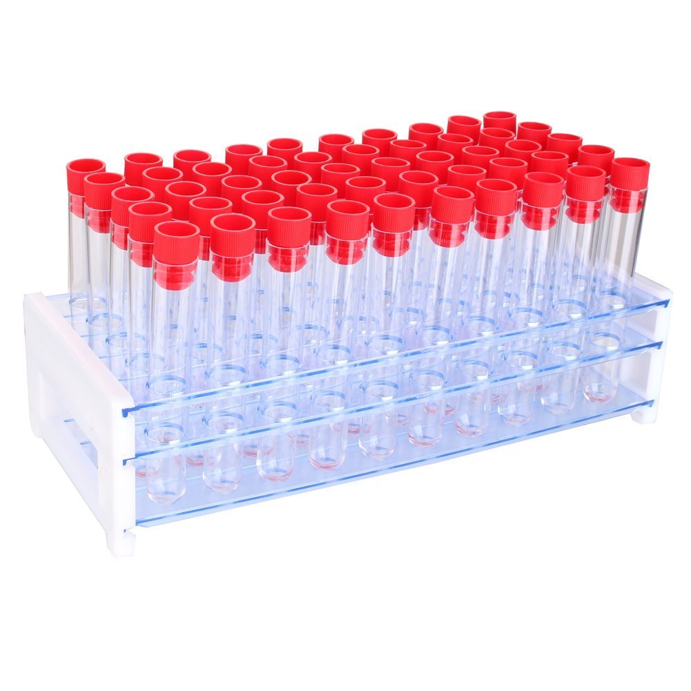 PUL FACTORY 50 Tube - 16x100mm Clear Plastic Test Tubes Set with Rack (16X100mm, 50-Well)