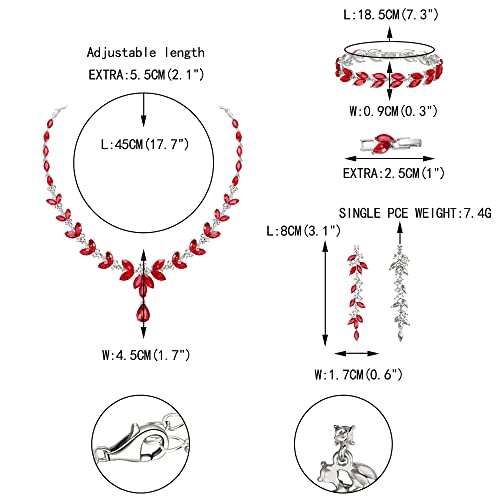 EVER FAITH Austrian Crystal Bridal Bridesmaid Jewelry Sets, Elegant Marquise Rhinestone Leaf Necklace Dangle Earrings Tennis Bracelet Set Red Silver-Tone