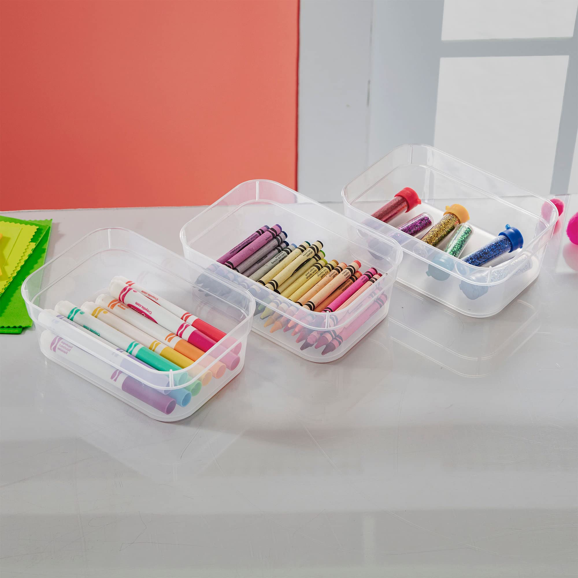 Sterilite 13558608 Medium Storage Trays with Sturdy Banded Rim and Textured Bottom for Desktop and Drawer Organizing, 3-Pack, Clear
