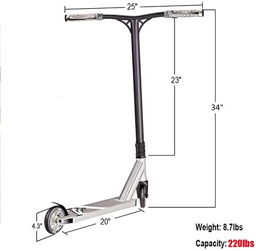Albott Pro Stunt Scooters Freestyle Trick Scooter with CNC 6061-T6 Aluminum Fork 25 Inches Long Bar Beginner to Intermediate Durable Kick Scooter for Kids 8 Years and Up,Teens, Boys,Adults (Silver)