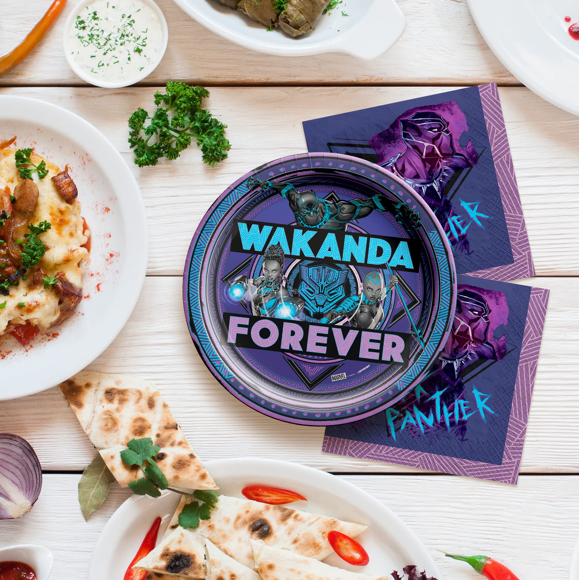 amscan Black Panther Wakanda Forever Dinnerware Bundle - 8 Purple Blue Dinner Plates (9"), 16 Luncheon Napkins (6.5"), Happy Birthday Banner 10 Ft - Decorations Supply Set Bulk Paper Marvel Theme