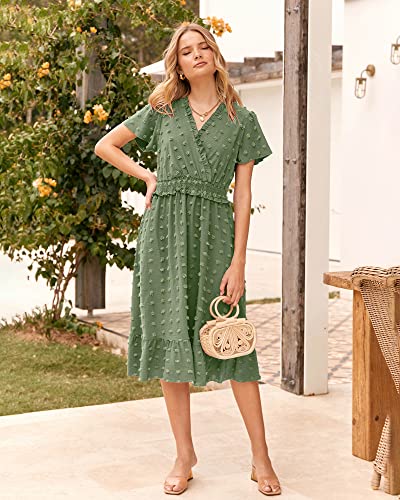 BTFBM Elegant Short Sleeve V Neck Swiss Dot Midi Summer Dresses for Women 2023 Boho Ruffle Long Dresses Ruffle Cocktail Dress(Solid Green,X-Large