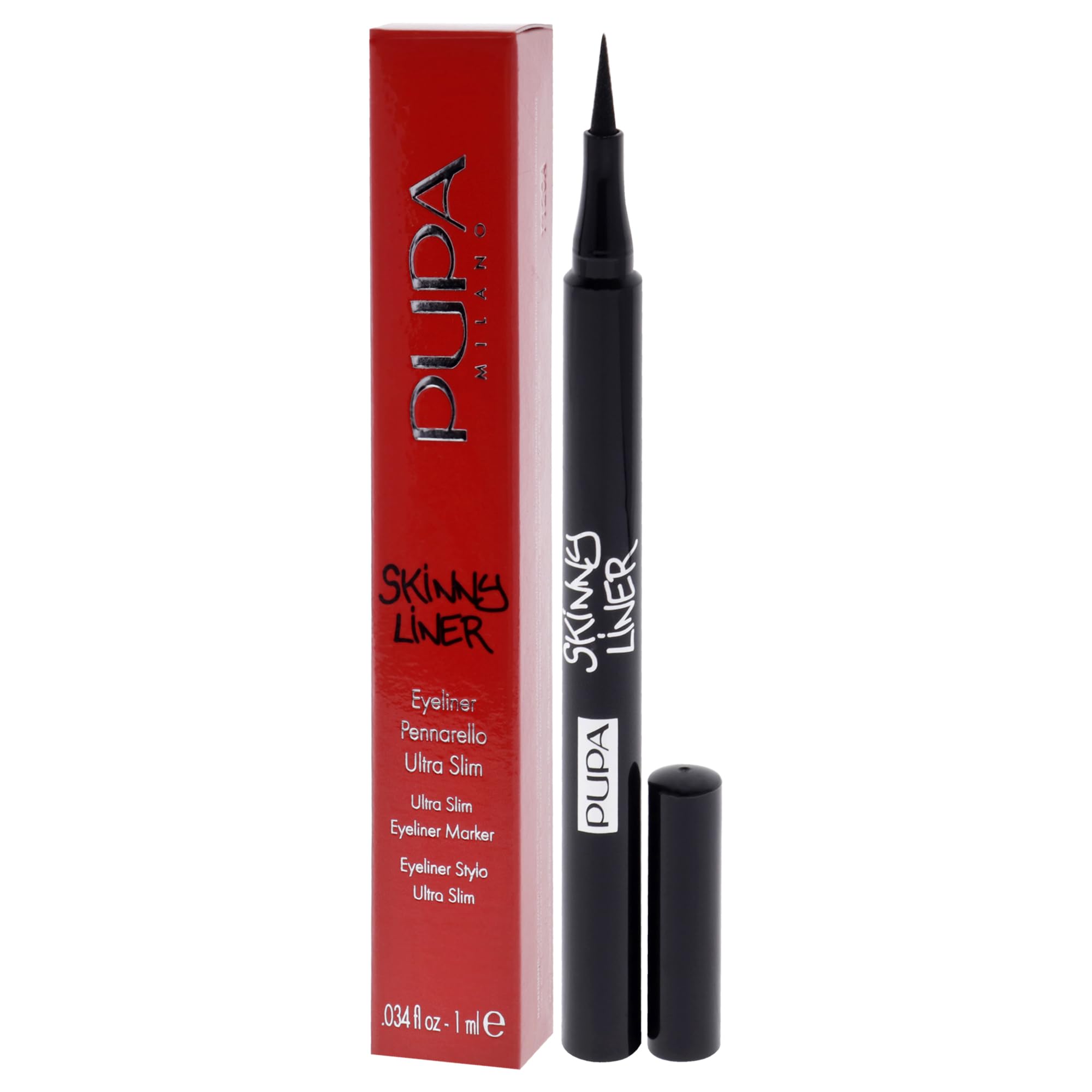 Pupa Milano Skinny Eyeliner - Ultra Slim For Maximum Precision - Soft Felt Tip Helps Create Wings - Intensifies The Lash Line - Water-Based Formula - Long Lasting Wear - 001 Extra Black - 0.034 Oz