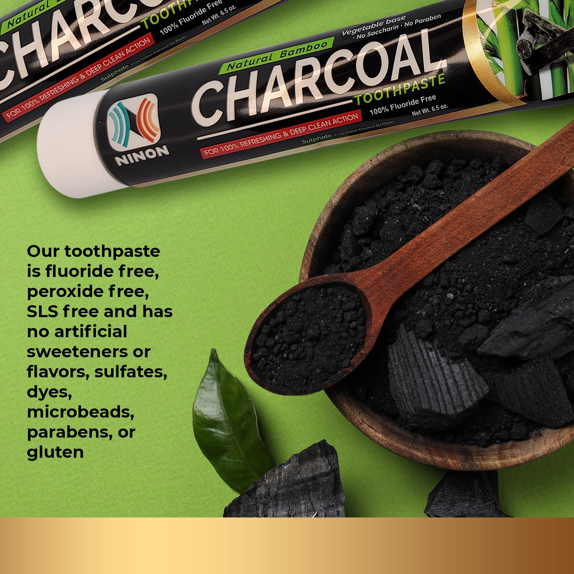 Activated Charcoal Toothpaste 2 pack (6.5oz each) 100% Deep Cleansing Natural Toothpaste, Organic Paste eliminates bad mouth odor Keeping it Refreshing, Natural Whitening Toothpaste, Fluoride Free and Paraben Free, Vegan