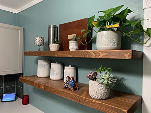 Joel's Antiques Floating Wall Shelf, Solid Pine, Shelving for Bathroom, Kitchen, Living Room, Patented Easy Install, Medium Brown, 30" x 8" x 2"
