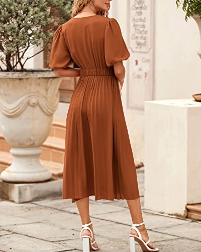 BTFBM Women Casual Dresses 2023 Summer Boho Wrap V Neck Puff Short Sleeve Beach Party Flowy Pleated A-Line Maxi Dress(Solid Brick Red, Large)