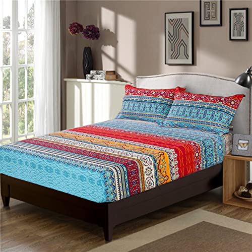 Boho Sheets Set (4 PCS) Boho Full Size Colorful Tribal Striped Bed Sheets 14" Deep Pocket Ethnic Fitted Sheet Bohemian Flat Sheets 2 Pillowcases