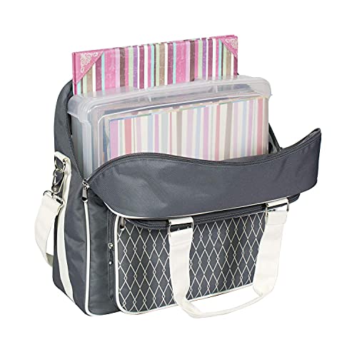 Everything Mary Deluxe Grey & White Scrapbook Carrying Storage Tote - Compatible with Standard IRIS Boxes β Portable Travel Craft Bag with Handle & Shoulder Strap for Pages, Paper