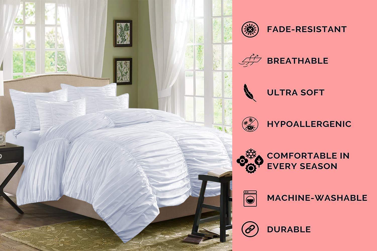 BedDecor 5 Piece Ruched Pattern Duvet Set with Zipper & Corner Ties 100% Egyptian Cotton 500 Thread Count Premium Hotel Quality Decorative Bedding(Oversized King, Pink)