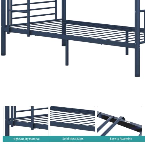 Alohappy Bunk Bed Twin Over Twin,Heavy Duty Metal Twin Bunk Beds Frame with Removable Ladder,No Box Spring Needed,Space-Saving,Easy to Climb,Urban Industrial Style(Dark Blue)