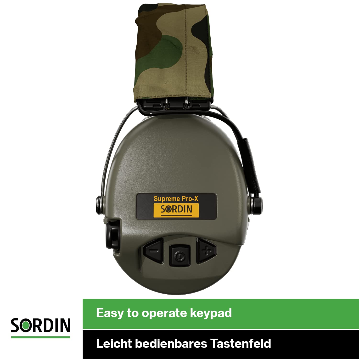 Sordin Supreme Pro-X Ear Defenders for Hunting & Shooting - Active & Electronic - Camo Band & Gel Kits - Green Ear Muffs