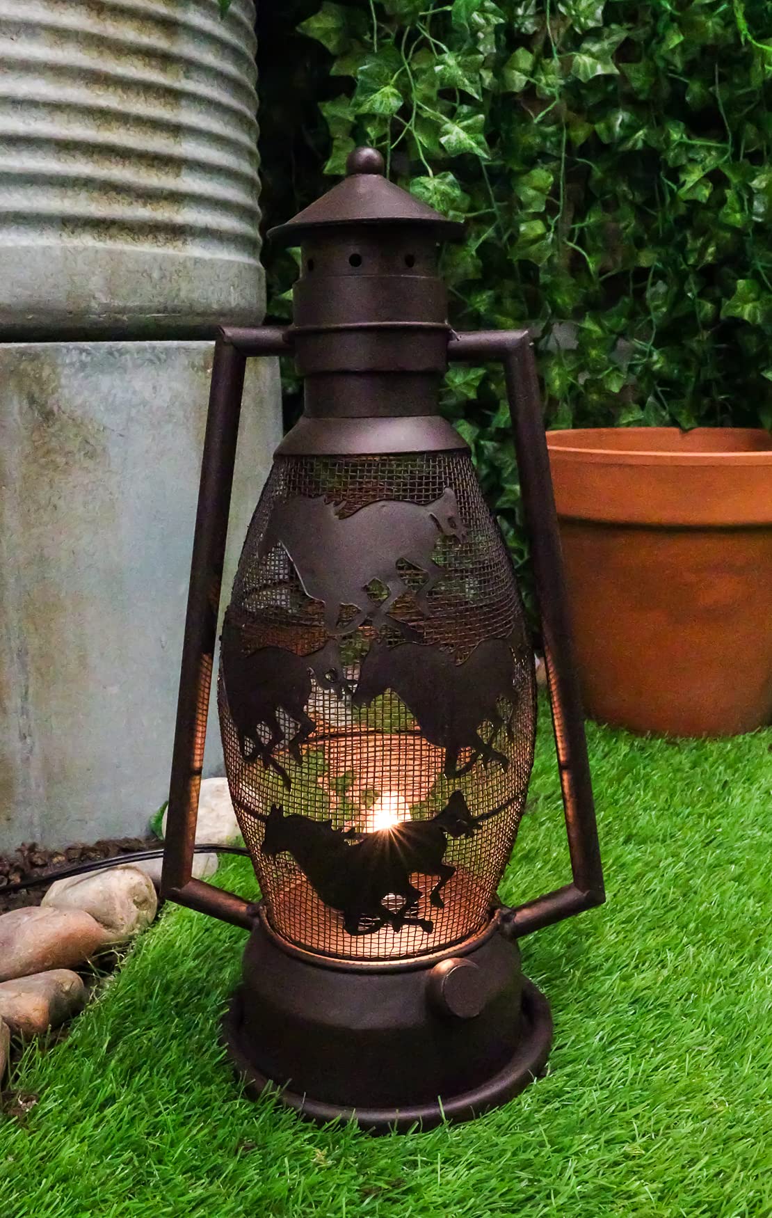 Ebros 15" Tall Old Fashioned Rustic Country Western Electric Metal Lantern Nightstand Lamp Light Or Wall Shadow Caster for Home Patio Poolside Garden Decorative (Cowboy Riding Horse)