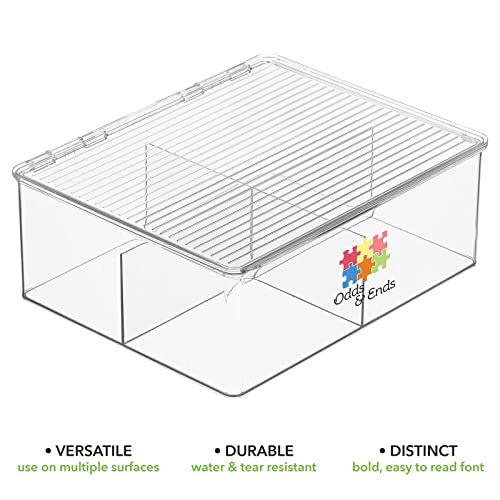 mDesign Plastic Stackable Toy Storage Bin with Hinged Lid, 4 Divided Compartments for Organizing Playroom, Kids' Room - Container for Small Toys, Craft and School Supplies + 24 Labels - 4 Pack - Clear