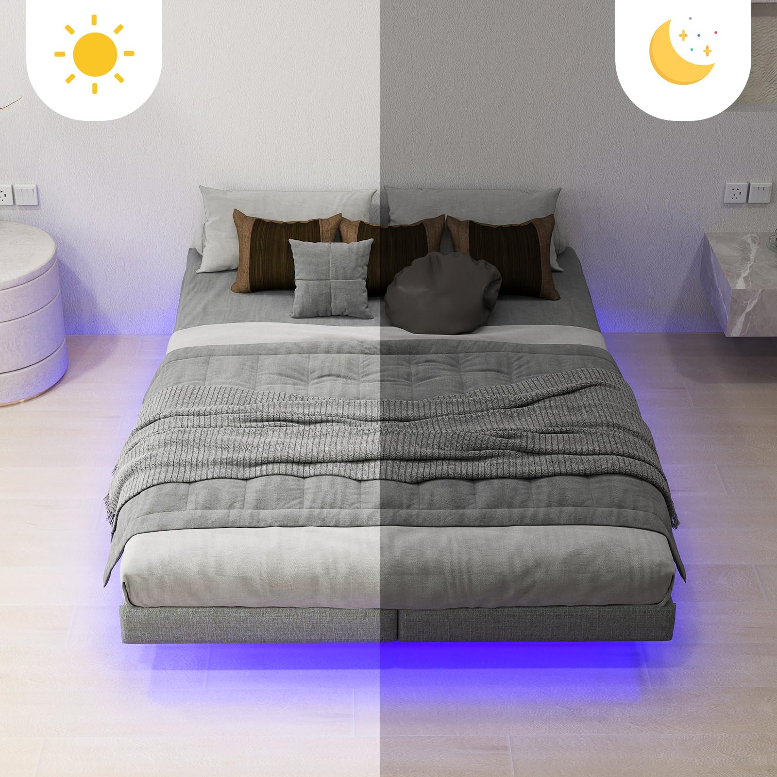 Anyhave 10.6" High Queen Floating Bed Frame Queen Size with LED Lights, Heavy Duty Metal Slats Support, No Box Spring Needed/Noise-Free/Large Under Bed Storage/Easy to Assemble