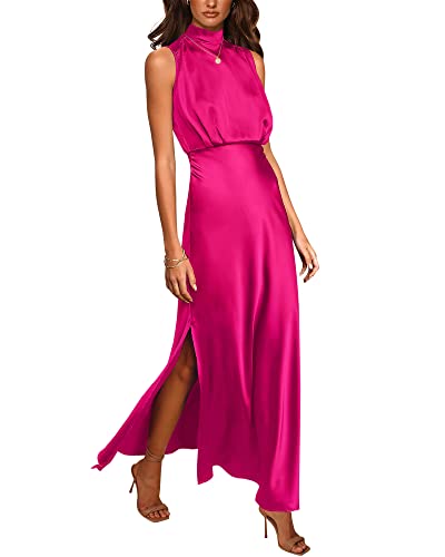 BTFBM Women Sleeveless Mock Neck Cocktail Dresses Keyhole Elastic Waist Party Wedding Guest Satin High Split Maxi Dress(Solid Rose Red, Medium)
