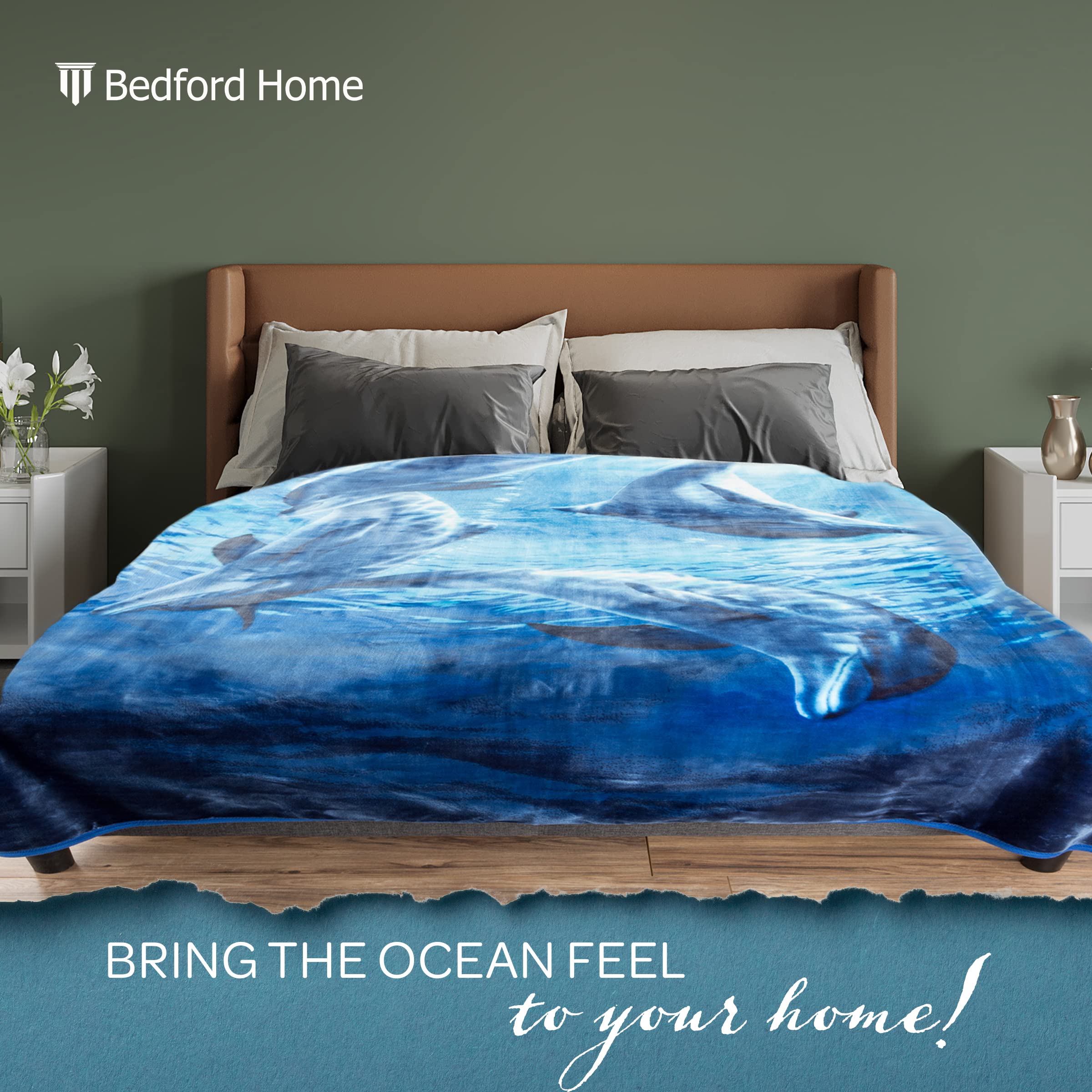 Bedford Home Heavy Fleece Ocean Dolphins Pattern-Plush Thick 8 Pound Faux Mink Soft Blanket for Couch Sofa Bed (74β x 91β), Multicolor (66A-46894)
