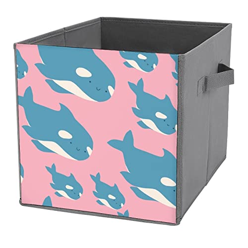 Cartoon Orca Whale Canvas Collapsible Storage Bins Cube Organizer Baskets with Handles for Home Office Car