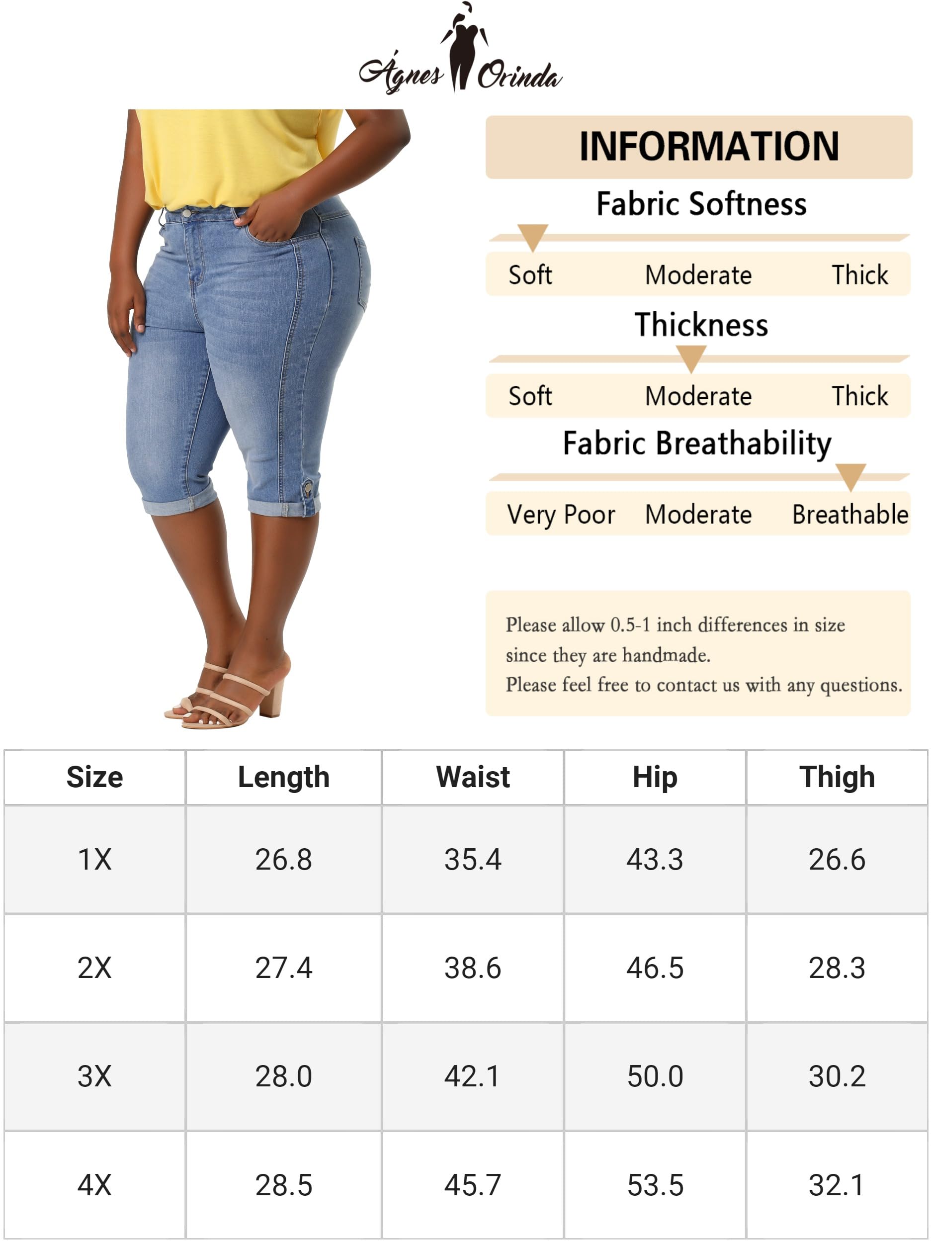 Agnes Orinda Capri Denim Jeans for Women's Plus Size Mid-Rise Fit Curvy Stretch Skinny Jean Capris with Pocket 4X Light Blue