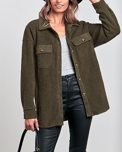 BTFBM Women's 2023 Fall Winter Button Down Shirts Sherpa Jacket Warm Long Sleeve Outerwear Faux Fur Shacket with Pockets(Solid Army Green, X-Large)