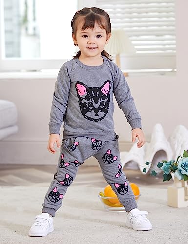 puseky Toddler Kids Girls Cute Cat Sweatshirt Tops & Pants Tracksuit Outfits Set (3T-4T, Grey)