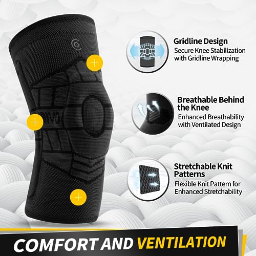 CAMBIVO 2 Pack Knee Braces for Knee Pain Women & Men, Knee Compression Sleeve with Side Stabilizers & Patella Gel Pad, Knee Support for Running, Hiking, Meniscus Tear, Arthritis, ACL, Joint Pain Relief(NS13,Black,Large)