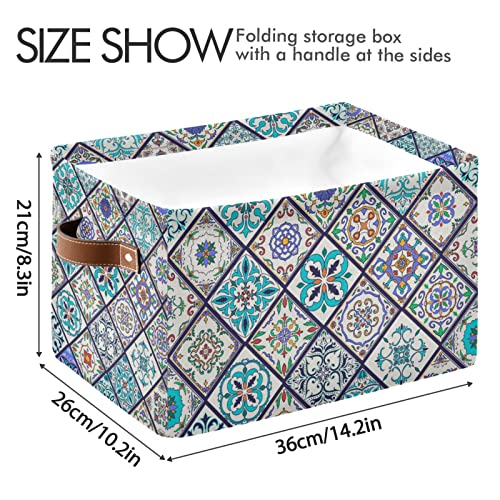 Foldable Storage Basket Blue Tartan Pattern Fabric Collapsible Organizer Basket with PU Handles, Decorative Baskets for Shelves Home Closet Bedroom Living Room - 1 Pack