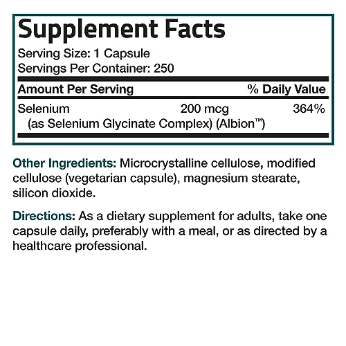 Bronson Selenium 200 mcg โ Yeast Free Chelated Amino Acid Complex - Essential Trace Mineral with Superior Absorption, 250 Vegetarian Capsules
