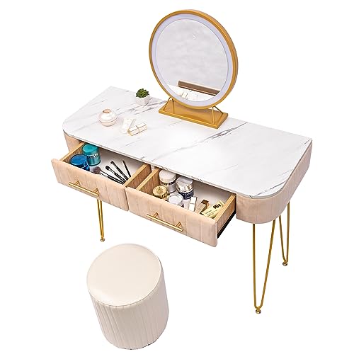CIATRE 39.4" Length Flannel Soft Roll Makeup Vanity Set, Fasionable Soft Roll Makeup Table, 15.8" Touch Control 3 Brightness Options LED Mirror, Large Capacity Storage