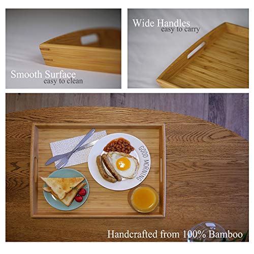 Joy&Grace 100% Bamboo Wood Butler Serving Tray with Handles - Breakfast/Coffee Table Tray, Decorative Ottoman Tray, Serving Platter for Party,17''×13''