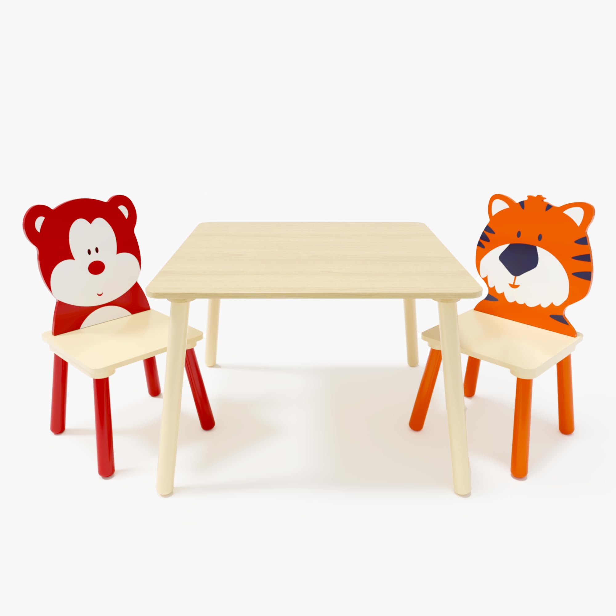 BAOMKONG Kids Table and Chairs, Childrens Table and Chair Set of 3 Piece, Wooden Cartoon Animals Design, Ideal for Arts & Crafts, Gift for Ages 2+, Bear & Tiger