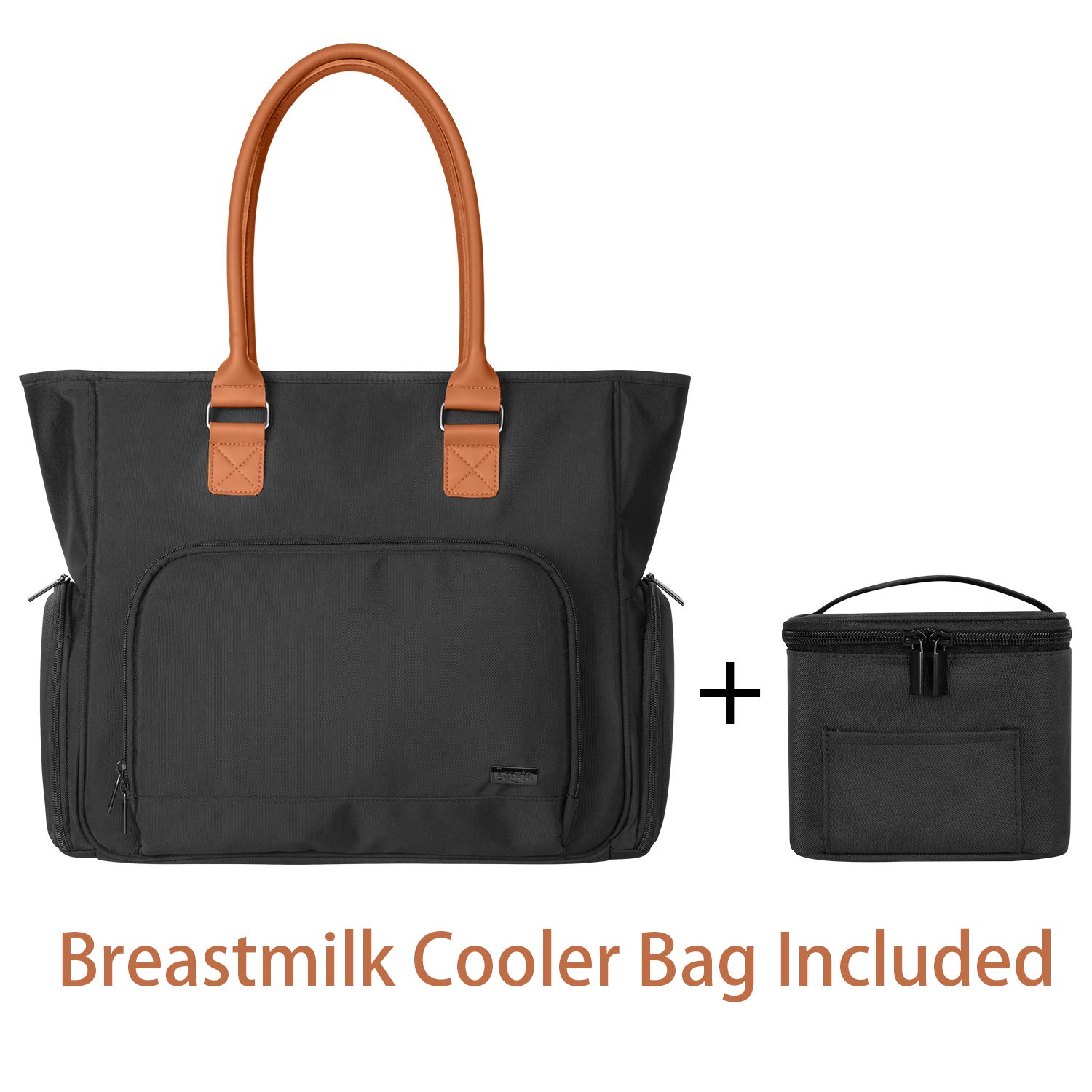 LUXJA Breast Pump Bag with Breastmilk Cooler Bag (Hold Four 5 Ounce Breastmilk Bottles), Leather Handle Breast Pump Tote for Working Mothers (With a Laptop Pocket), Black