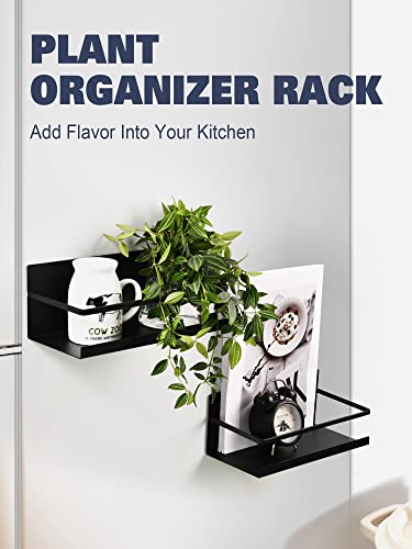 BRONYPRO Magnetic Spice Rack, 2 Pack Magnetic Shelf for Refrigerator, Large Spice Rack, Space Saver for Small Kitchen, Hanging Magnetic Storage With 4 Hooks, for Spices, Plates, Books, Plants(Black)