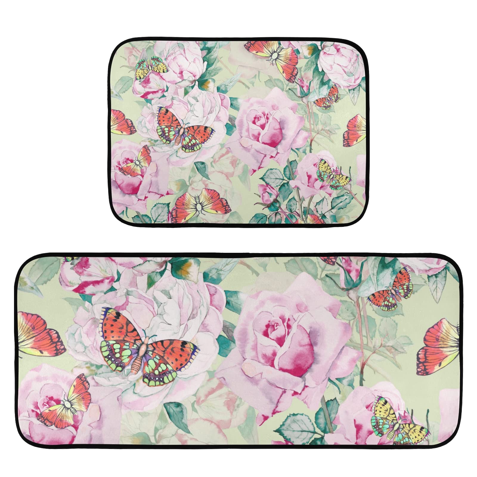 ALAZA Colorful Roses and Butterflies Kitchen Rug Set, 2 Piece Set, Non-Slip Floor Mat for Living Room Bedroom Dorm Home Decor, 19.7 x 27.6 Inch + 19.7 x 47.2 Inch
