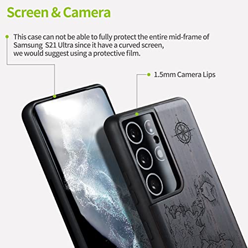 Carveit Wood Case for Galaxy S21 Ultra Case [Natural Wood & Black Soft TPU] Shockproof Protective Cover Unique & Classy Wooden Case Compatible with Samsung S21 Ultra 5G (Compass Maps-Blackwood)